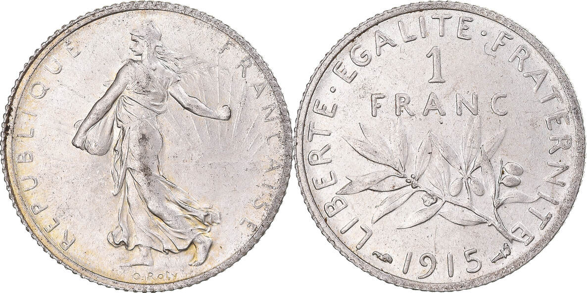 France Franc 1915 Paris Coin, Semeuse, Paris, Silver, KM:844.1 MS(60-62) | MA-Shops