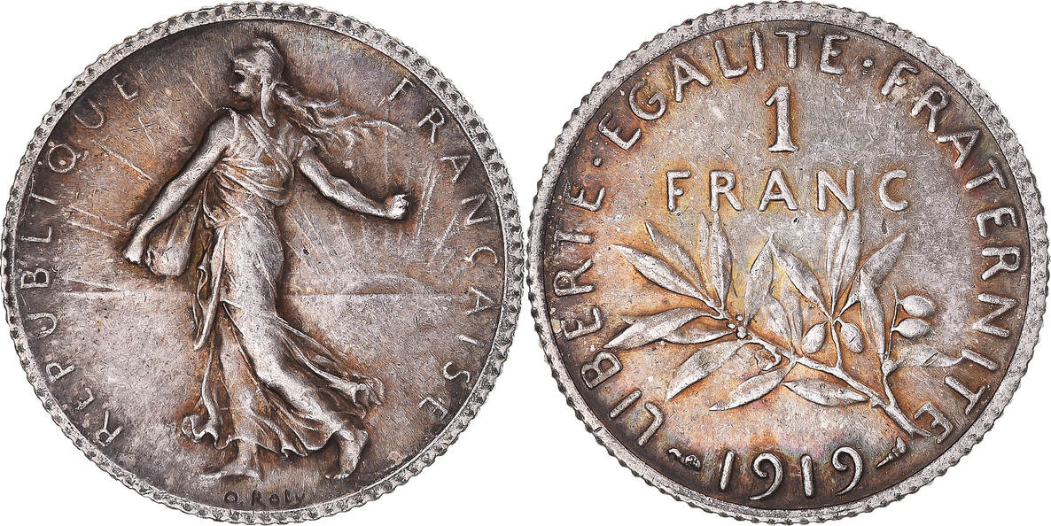 France Franc 1919 Paris Coin, Semeuse, Paris, Silver, KM:844.1 MS(63) | MA-Shops