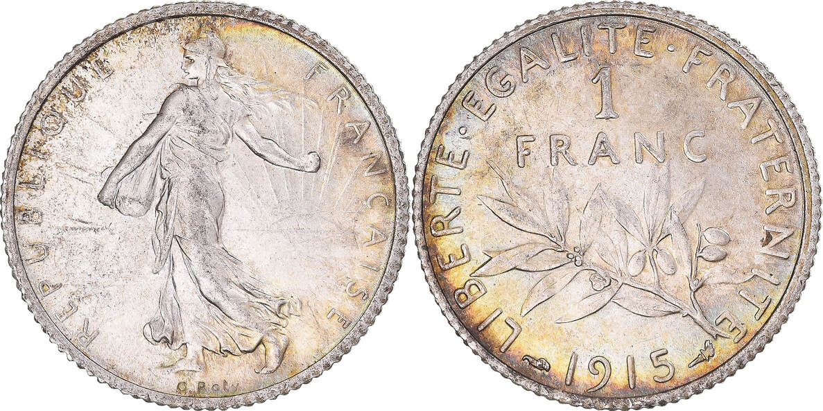 France Franc 1915 Paris Coin, Semeuse, Paris, Silver, KM:844.1 MS(60-62) | MA-Shops