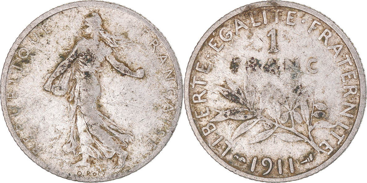France Franc 1911 Paris Coin, Semeuse, Paris, Silver, KM:844.1 VF(30-35) | MA-Shops