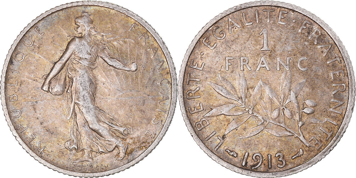 France Franc 1913 Paris Coin, Semeuse, Paris, Silver, KM:844.1 EF(40-45) | MA-Shops