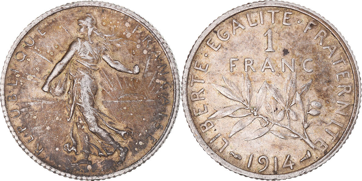France Franc 1914 Paris Coin, Semeuse, Paris, Silver, KM:844.1 EF(40-45) | MA-Shops