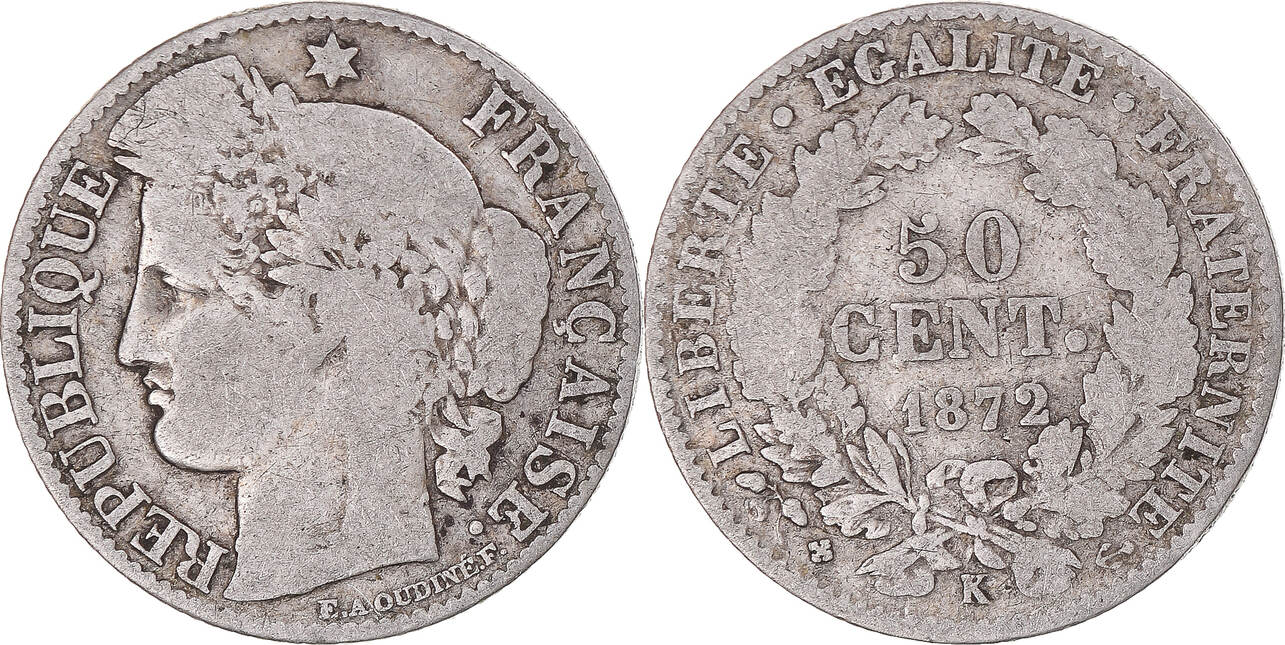 France 50 Centimes 1872 K Coin, Cérès, Bordeaux, Silver, KM:834.2 VF(20-25) | MA-Shops