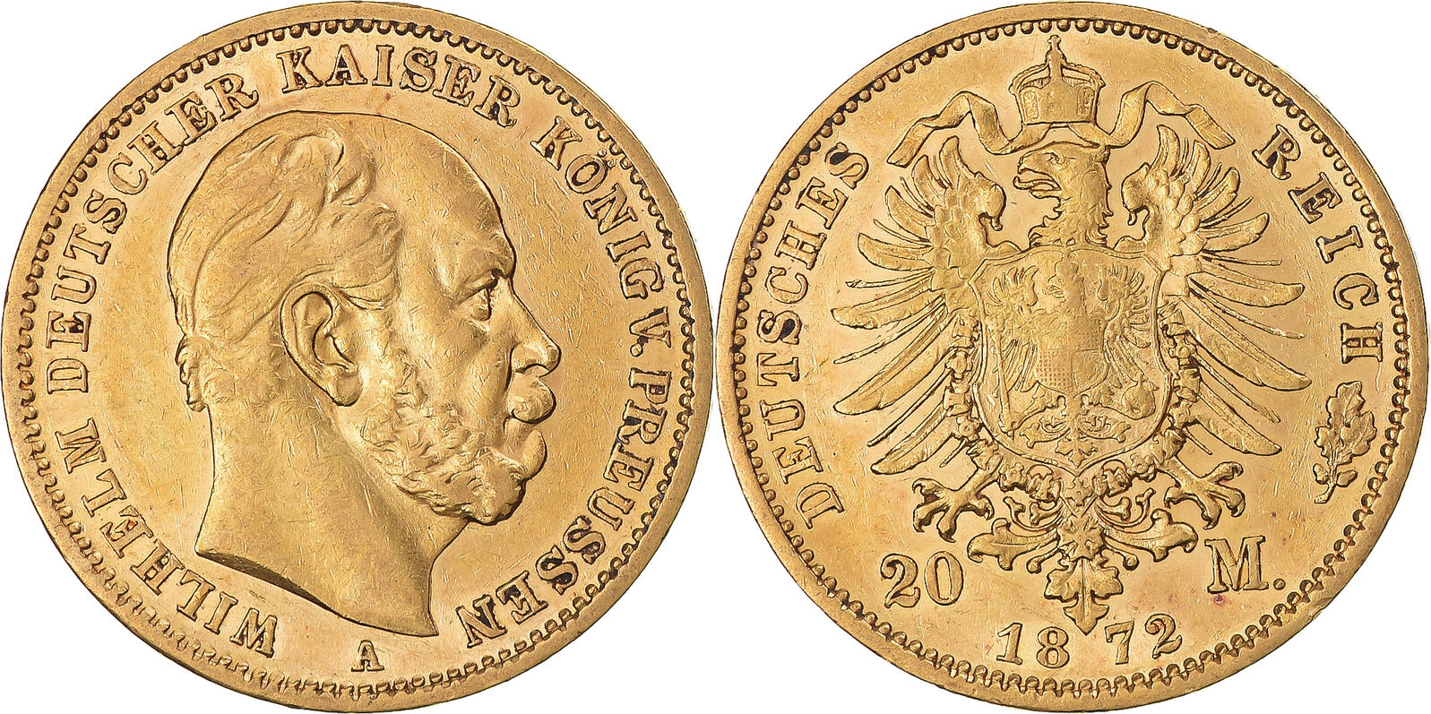 German States 20 Mark 1872 B Coin, PRUSSIA, Wilhelm I, Berlin, Gold MS ...