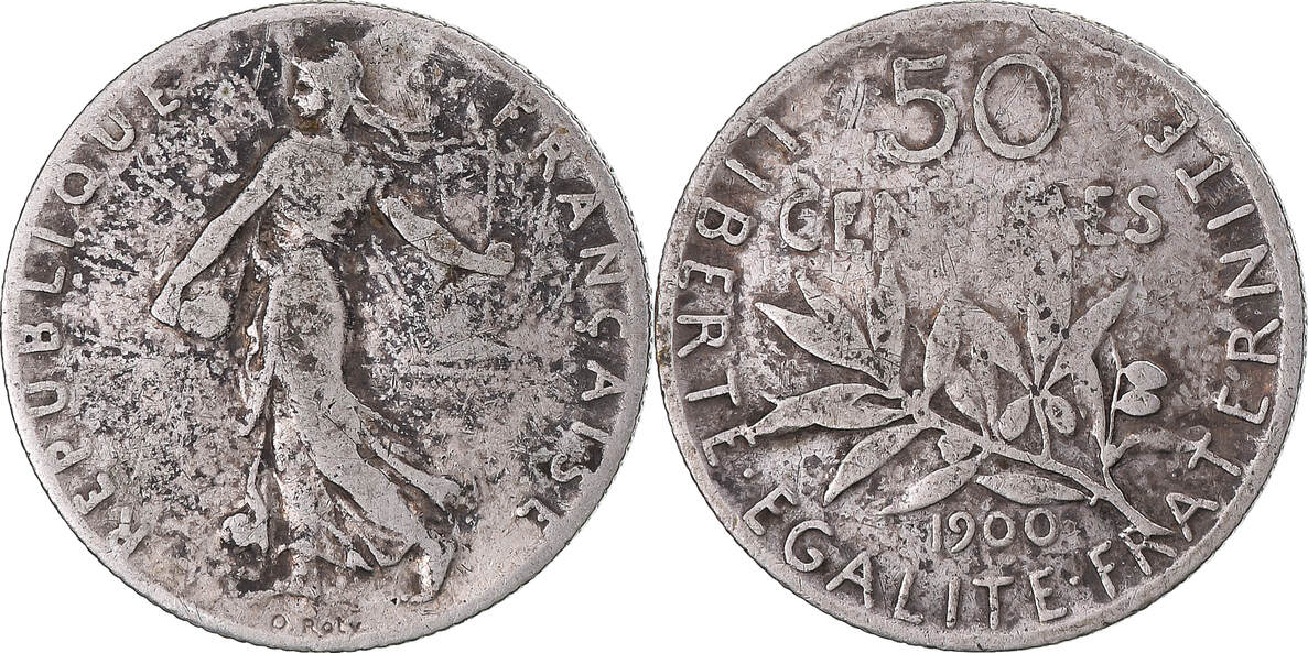 France 50 Centimes 1900 Paris Coin, Semeuse, Paris, AU(50-53), Silver, KM:854 VF(30-35) | MA-Shops