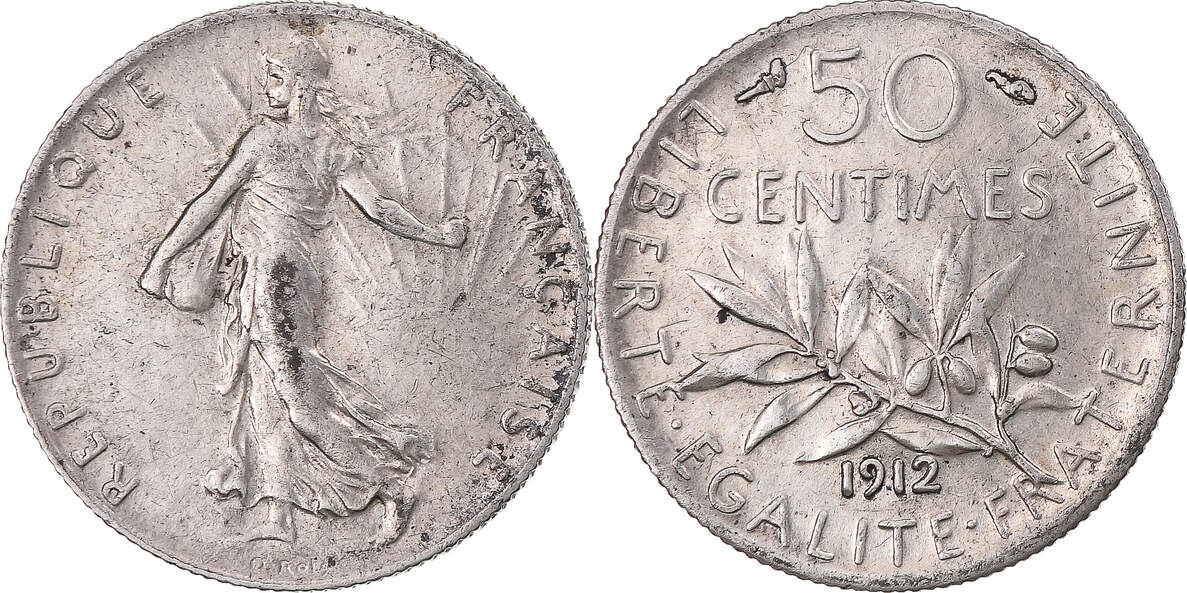 France 50 Centimes 1912 Paris Coin, Semeuse, Silver, Gadoury:420 AU(55-58) | MA-Shops