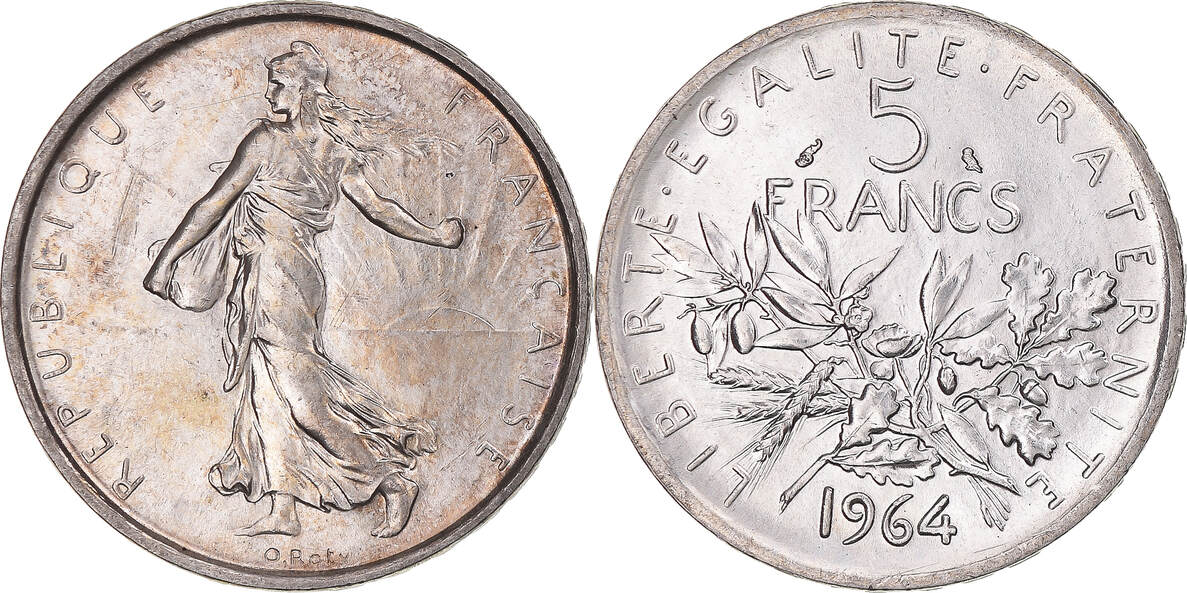 France 5 Francs 1964 Paris Coin, Semeuse, Paris, Silver, KM:926 MS(60 ...