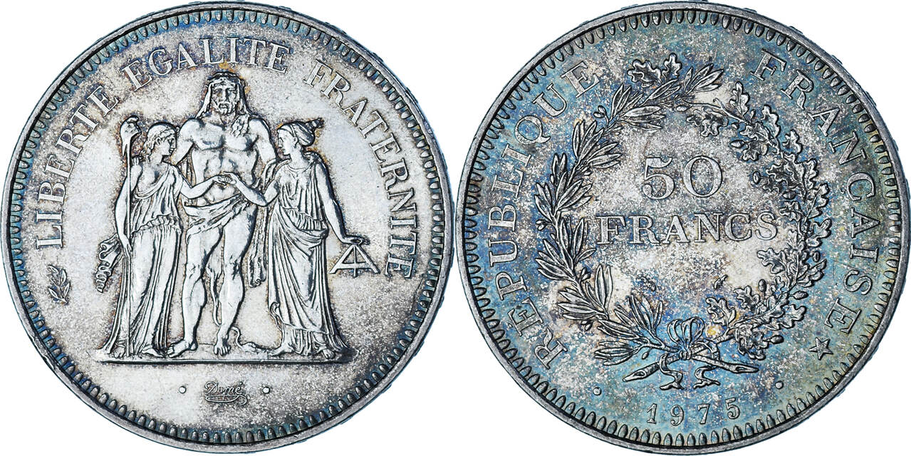 France 50 Francs 1975 Paris Coin, Hercule, Paris, Silver, KM:941.1 AU ...