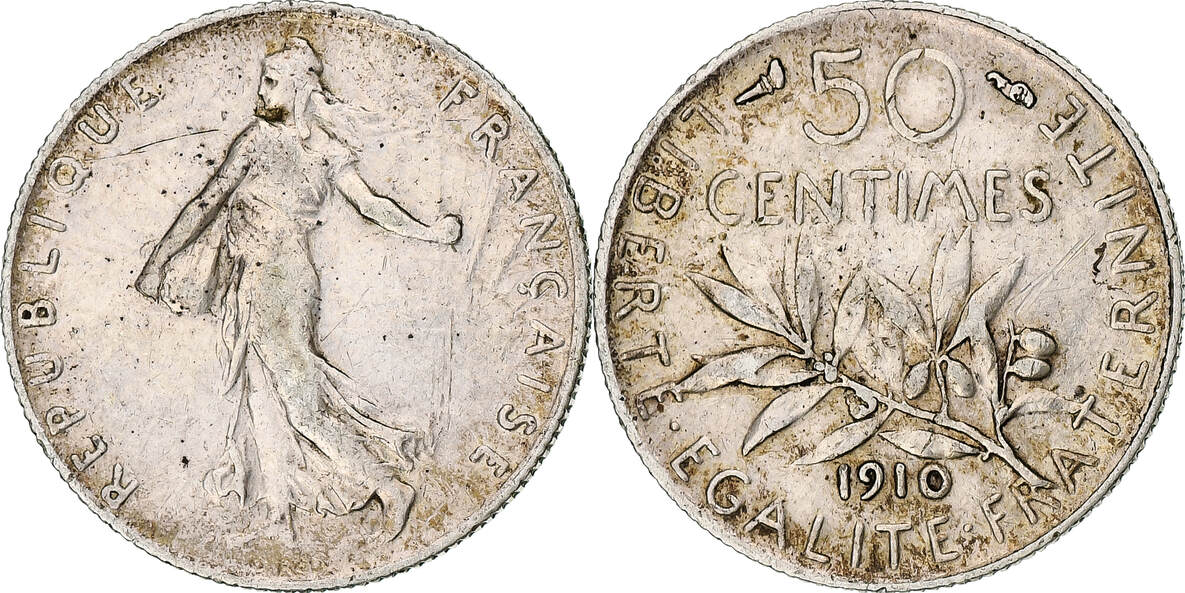 France 50 Centimes 1910 Paris Coin, Semeuse, Paris, Silver, KM:854 AU(50-53) | MA-Shops