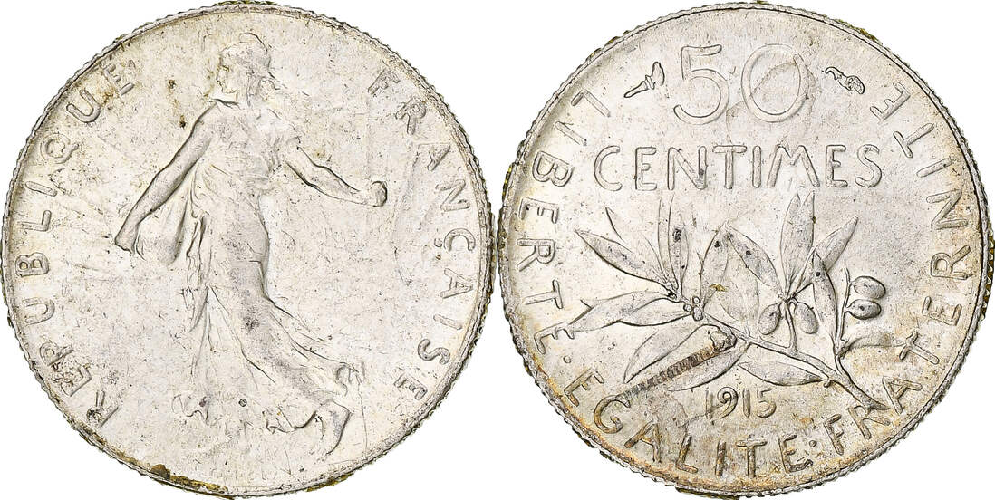 France 50 Centimes 1915 Paris Coin, Semeuse, Paris, Silver, KM:854 AU(50-53) | MA-Shops