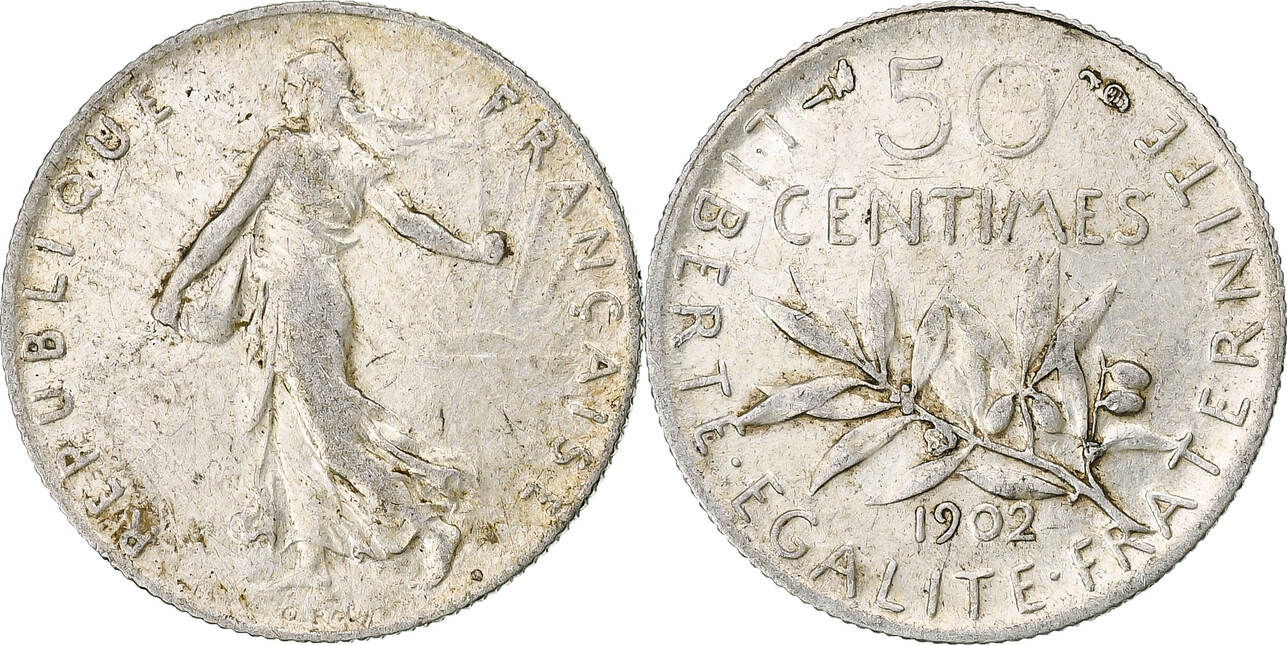 France 50 Centimes 1902 Paris Semeuse, Paris, Silver,KM:854, Gadoury 420 AU(50-53) | MA-Shops