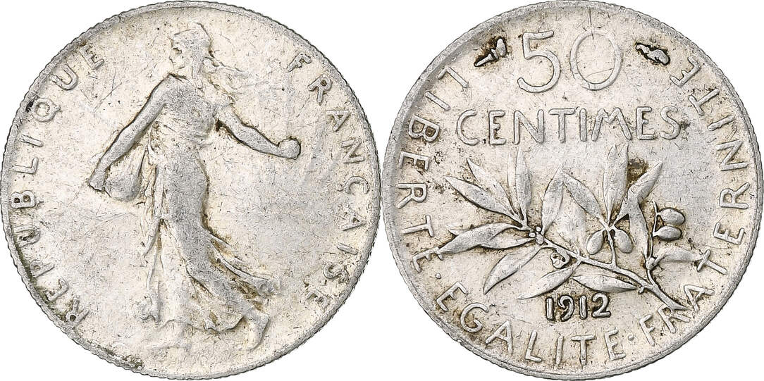 France 50 Centimes 1912 Paris Semeuse, Paris, Silver, Gadoury:420 EF(40-45) | MA-Shops