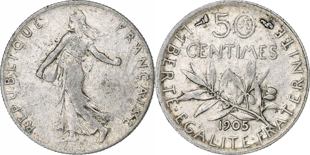 France 50 Centimes 1905 Paris Coin, Semeuse, Paris, Silver, KM:854 EF(40-45) | MA-Shops
