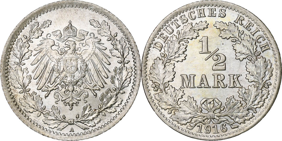 GERMANY - EMPIRE 1/2 Mark 1916 A Berlin, Silver, KM:17 MS(63) | MA-Shops
