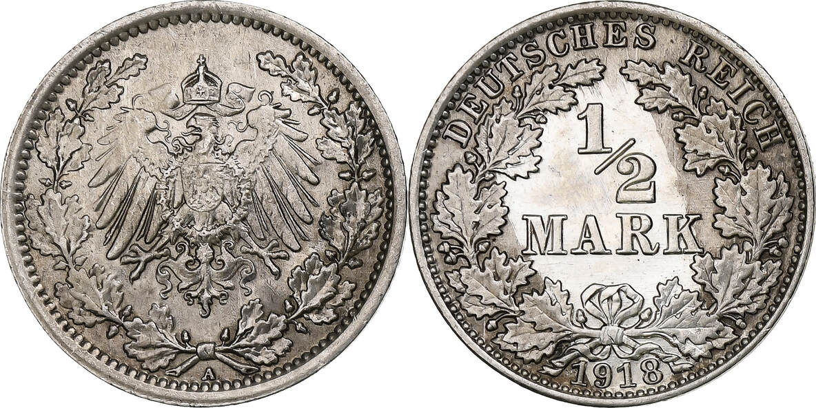 GERMANY - EMPIRE 1/2 Mark 1918 A Berlin, Silver, KM:17 AU(50-53) | MA-Shops