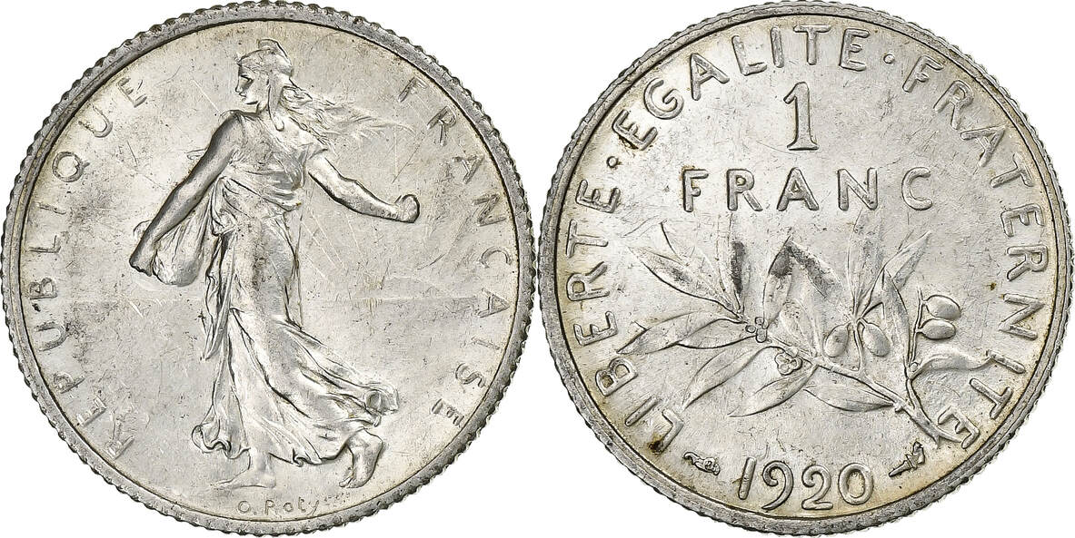 France Franc 1920 Paris Semeuse, Paris, Silver, Gadoury:467, KM:844.1 AU(55-58) | MA-Shops