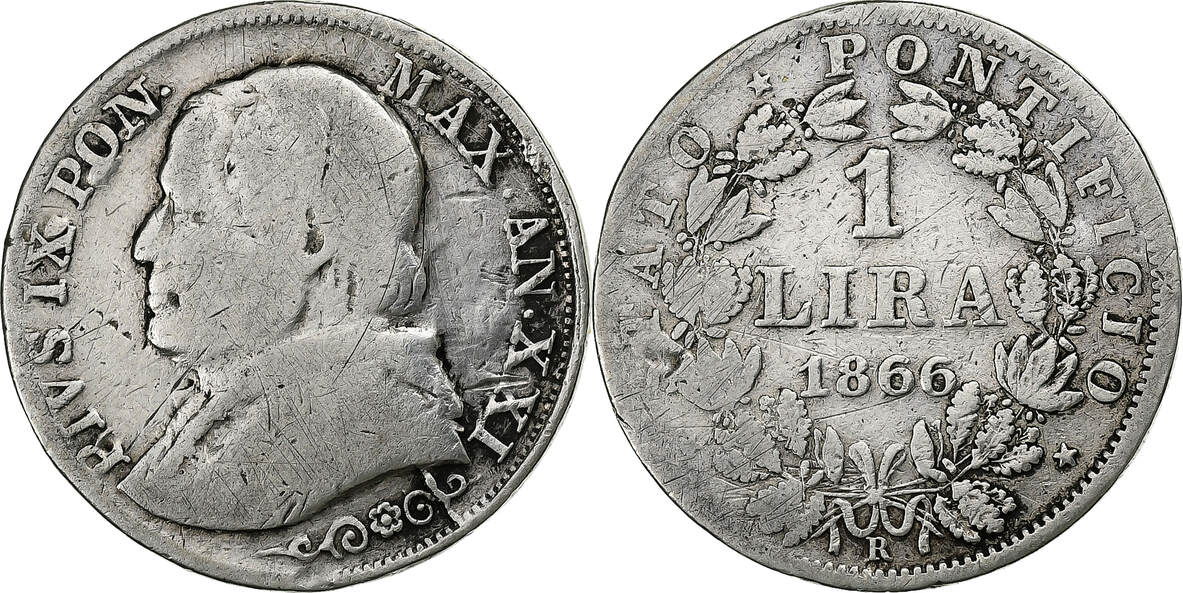 ITALIAN STATES Lira 1866 R Coin, PAPAL STATES, Pius IX, Roma, Silver F ...