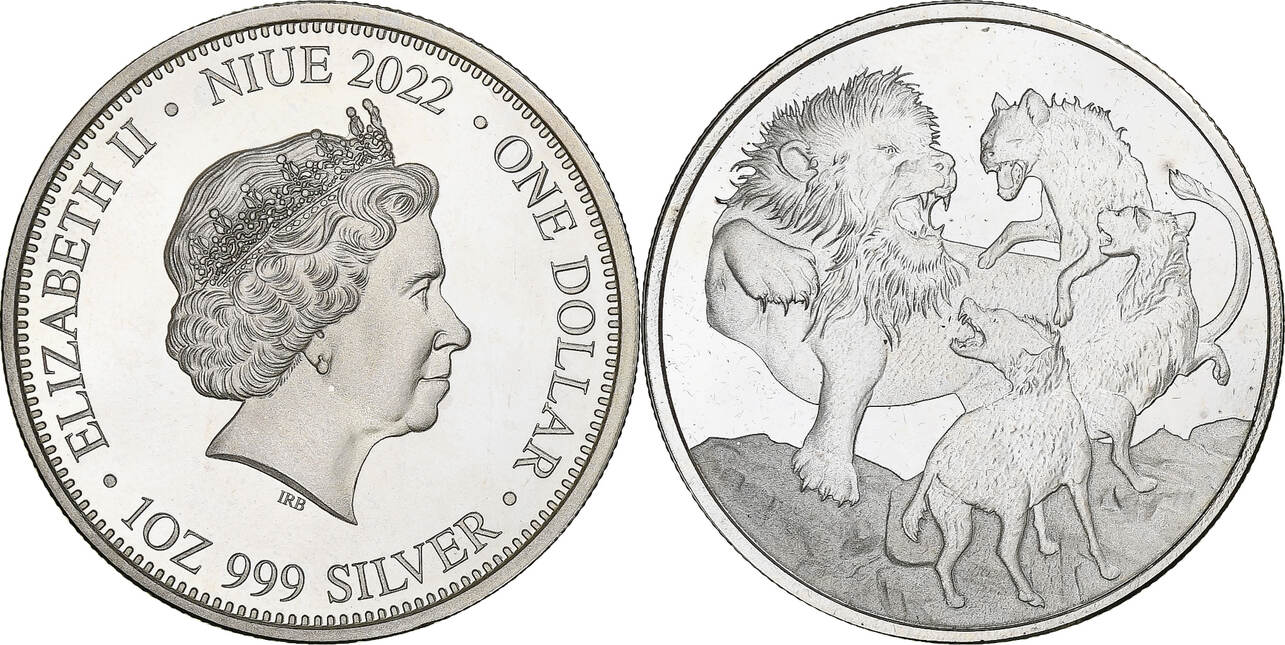 Niue 1 Dollar, 1 Oz 2022 New Zealand LION Contre Hyènes, New Zealand ...