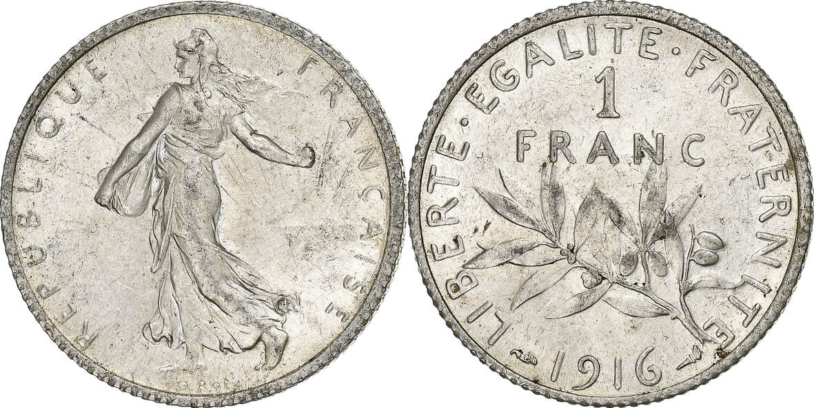 France Franc 1916 Paris Coin, Semeuse, Paris, Silver, KM:844.1 AU(50-53) | MA-Shops