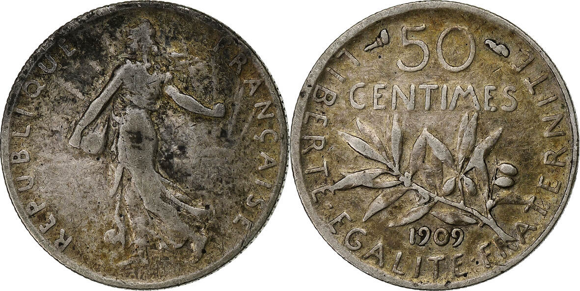 France 50 Centimes 1909 Paris Semeuse, Paris, Silver, KM:854 EF(40-45) | MA-Shops
