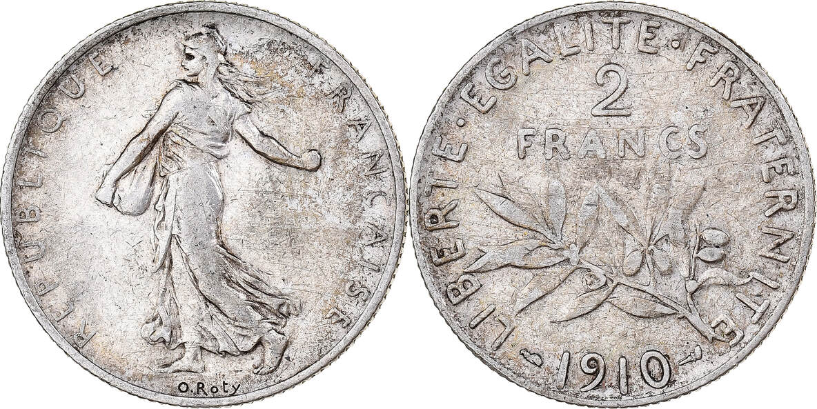 France 2 Francs 1910 Paris Semeuse, Paris, Silver, Gadoury:532, KM:845.1 VF(30-35) | MA-Shops