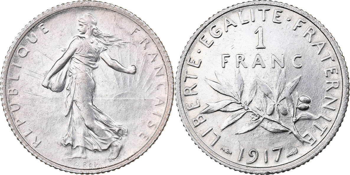 France Franc 1917 Paris Coin, Semeuse, Paris, Silver, KM:844.1 AU(50-53) | MA-Shops