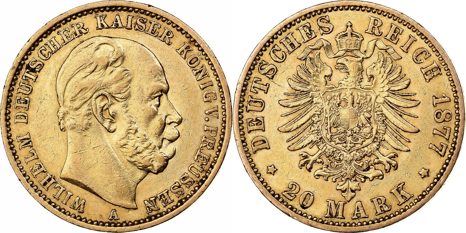 German States 20 Mark 1877 A Coin, PRUSSIA, Wilhelm I, Berlin, Gold AU ...
