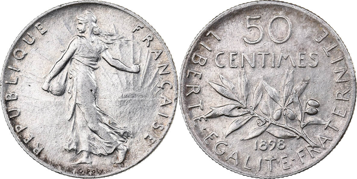 France 50 Centimes 1898 Paris Coin, Semeuse, Paris, Silver, KM:854 VF(30-35) | MA-Shops