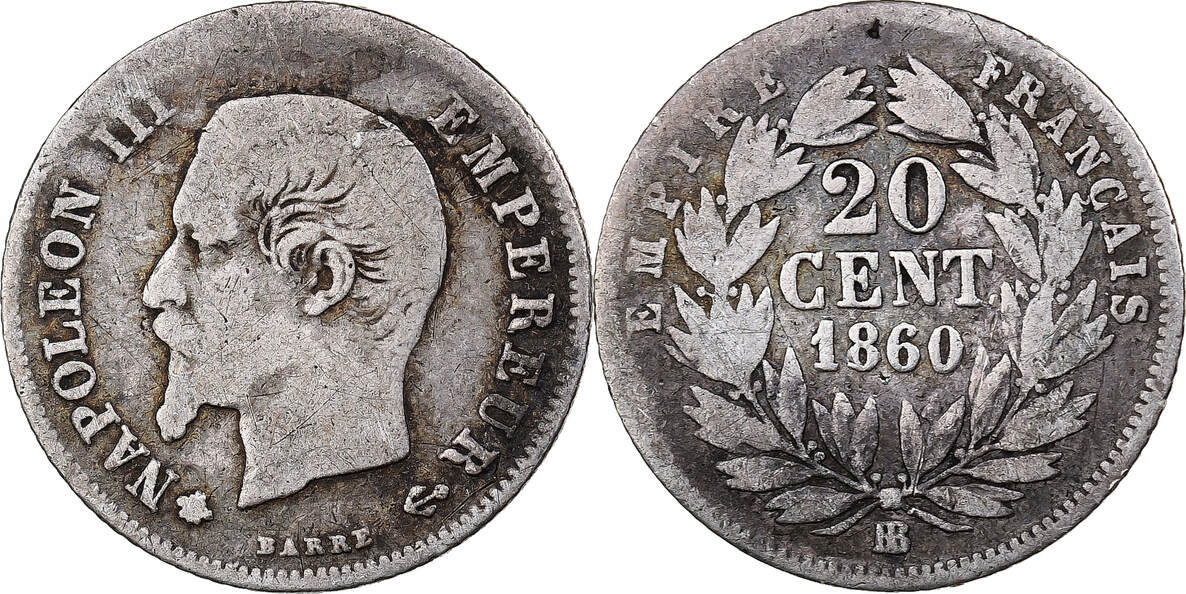 France 20 Centimes 1860 Strasbourg Napoleon III, Strasbourg, Silver, KM:776.2 VF(20-25) | MA-Shops