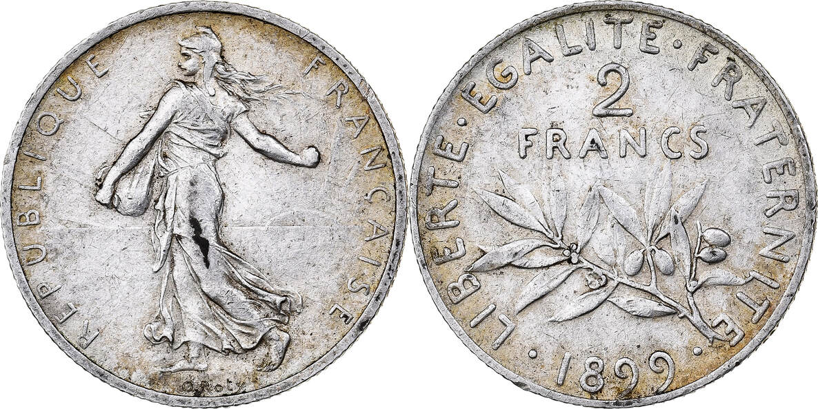 France 2 Francs 1899 Paris Coin, Semeuse, Paris, Silver, KM:845.1 EF(40-45) | MA-Shops