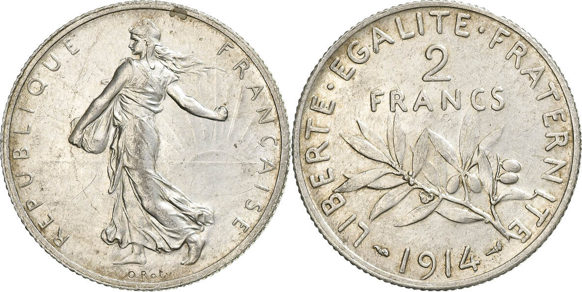 France 2 Francs 1914 Paris Coin, Semeuse, Paris, AU(55-58), Silver, KM:845.1 AU(50-53) | MA-Shops