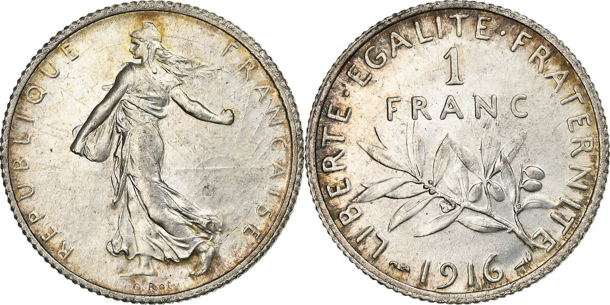 France Franc 1916 Paris Semeuse, Paris, Silver, KM:844.1, Gadoury:467 MS(60-62) | MA-Shops