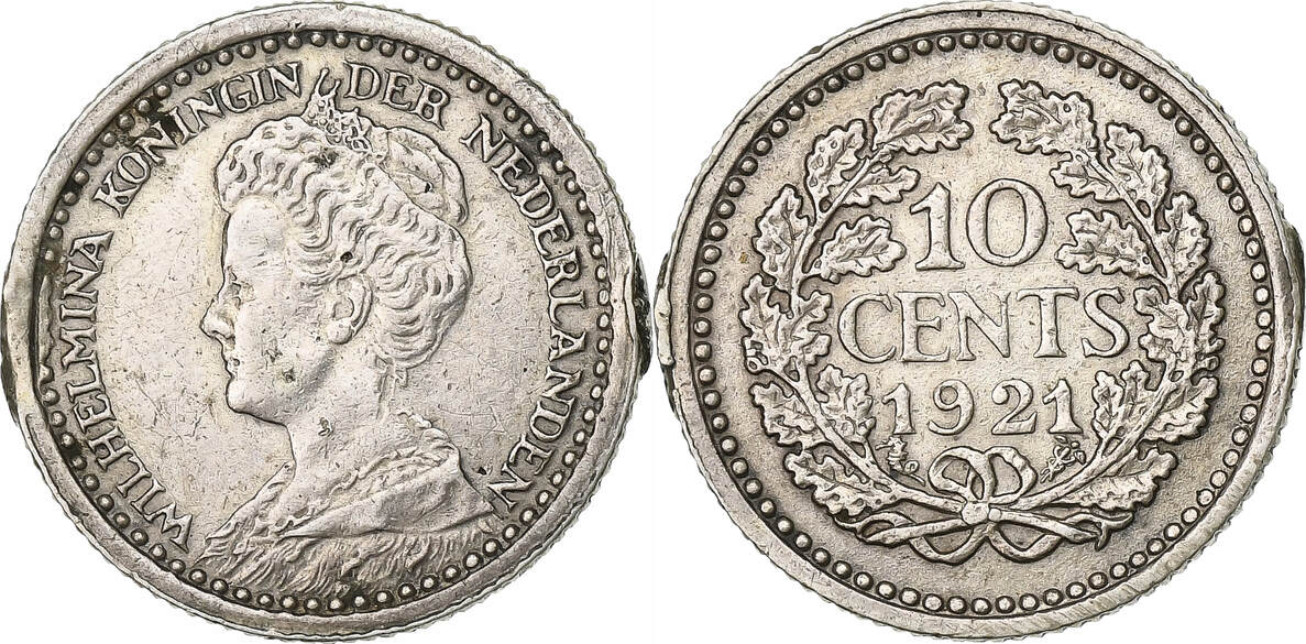 Netherlands 10 Cents 1921 Wilhelmina I, Silver, KM:145 EF(40-45) | MA-Shops