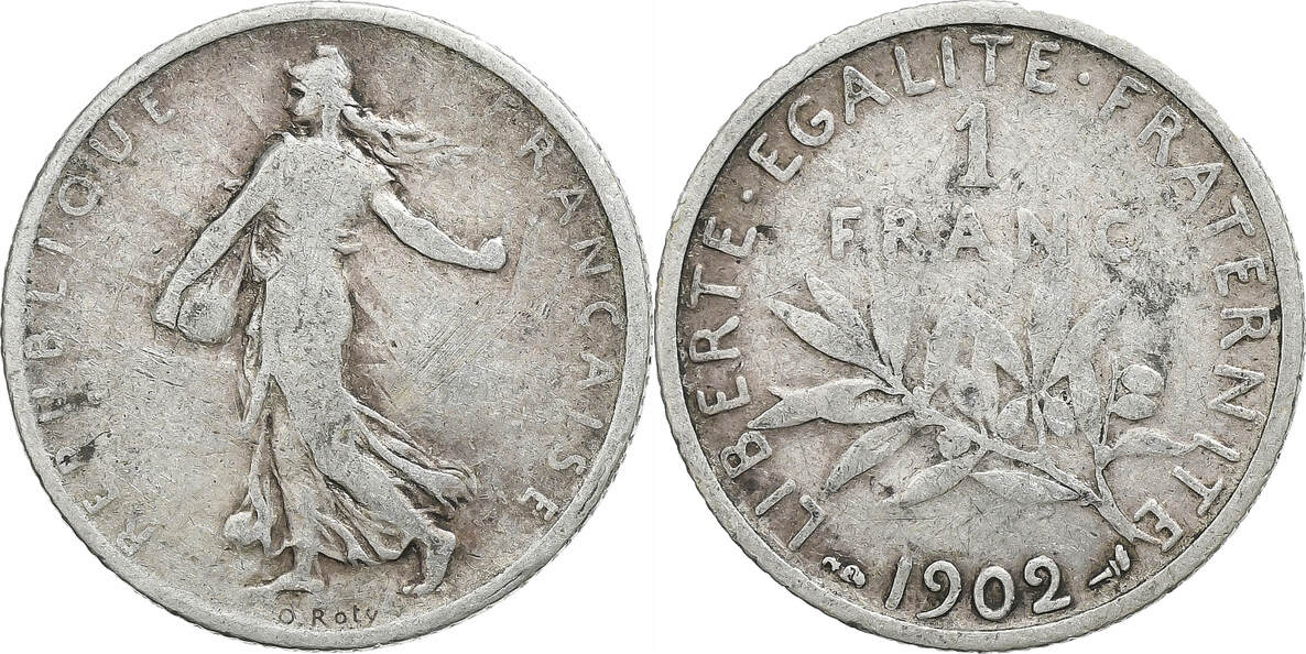 France Franc 1902 Paris Coin, Semeuse, Paris, Silver, KM:844.1, Le VF(30-35) | MA-Shops