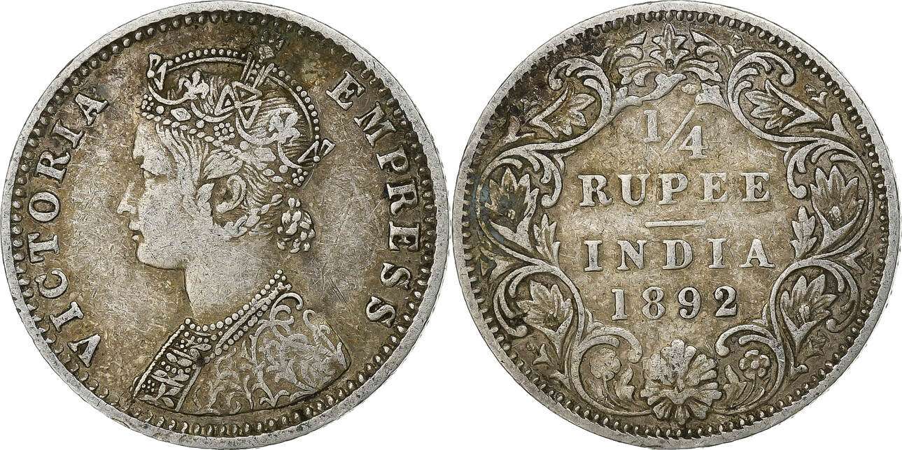 British India 1/4 Rupee 1892 (C) Victoria, Silver, KM:490 EF(40-45) | MA-Shops