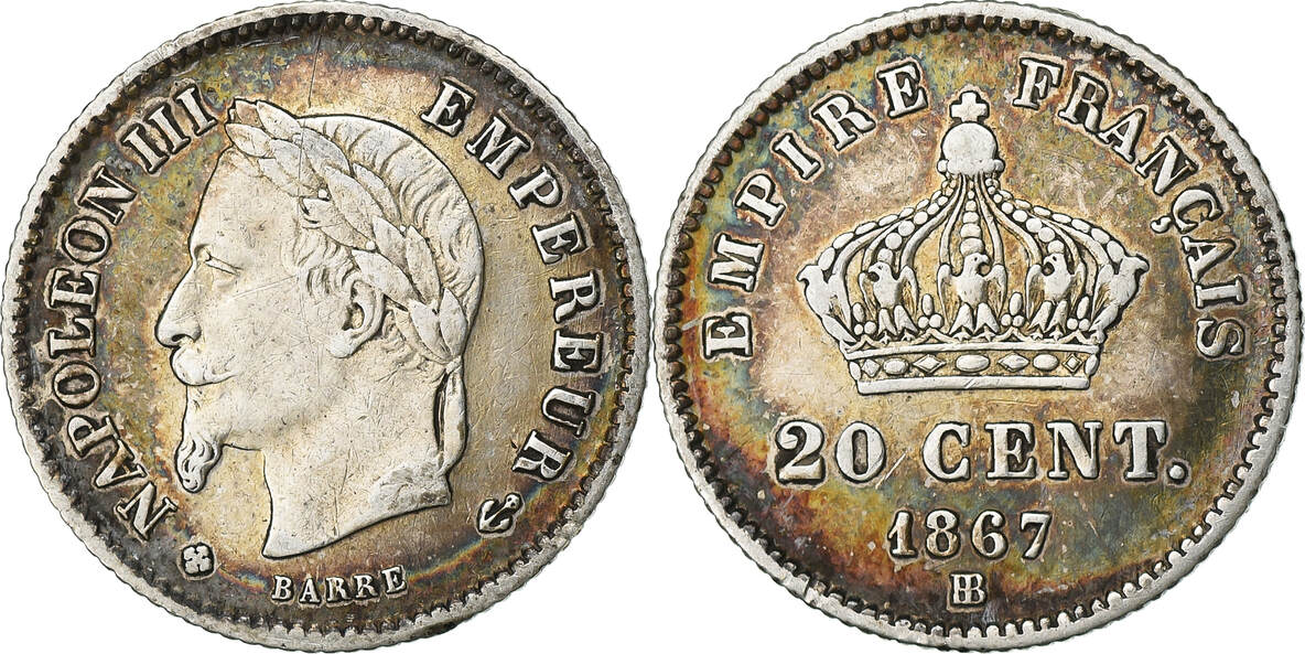 France 20 Centimes 1867 BB Coin, Napoleon III, Strasbourg, Silver AU(50 ...