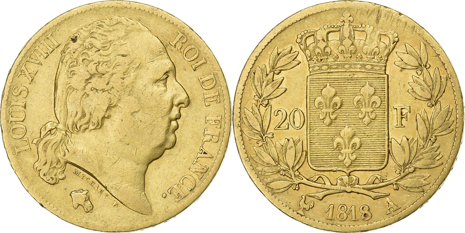 France 20 Francs 1818 A Coin, Louis XVIII, Paris, Gold, KM:712.1 AU(50 ...