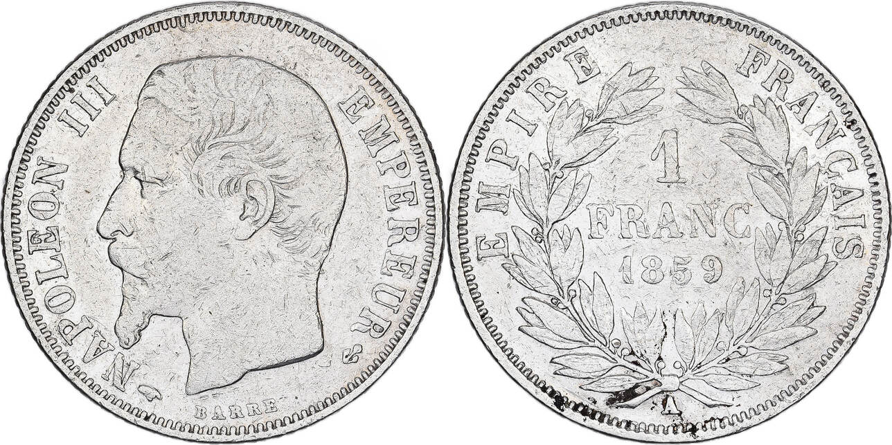 1859 A FRANCE, Napoléon III, 1 Franc, Paris, KM #779.1, Silver, Gadour ...