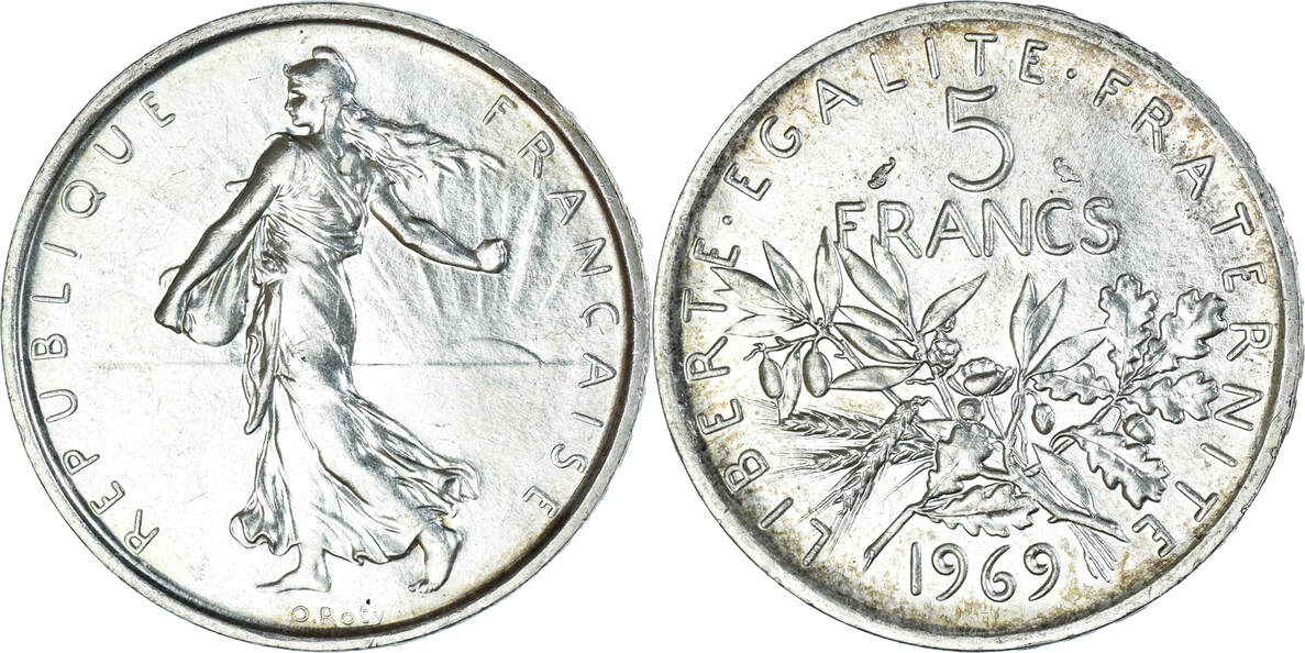 France 5 Francs 1969 Paris Coin, Semeuse, Paris, Silver, KM:926 MS(63 ...