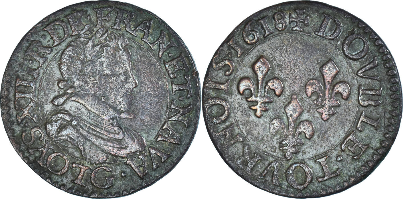 France 1618 G Coin, Louis XIII, Double tournois, buste enfantin EF(40 ...