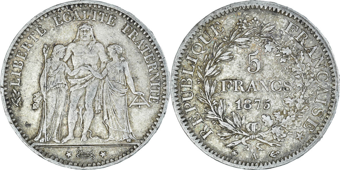 France 5 Francs 1875 A Coin, Hercule, Paris, Silver, KM:820.1 VF(30-35 ...