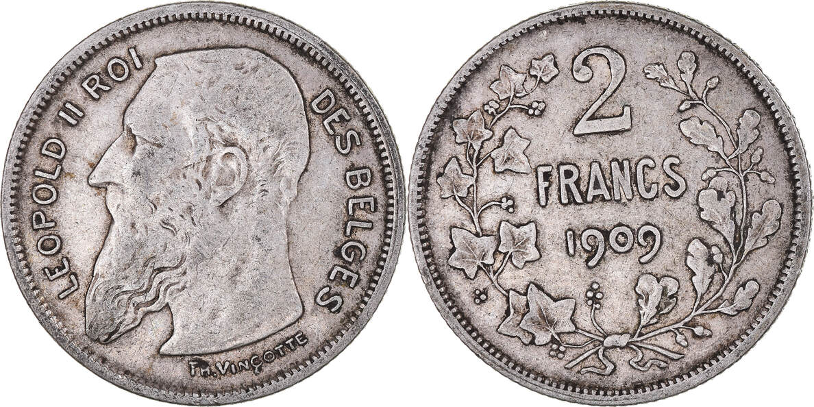 Belgium 2 Francs, 2 Frank 1909 Coin, Leopold II, Silver, KM:58.1 VF(30-35) | MA-Shops
