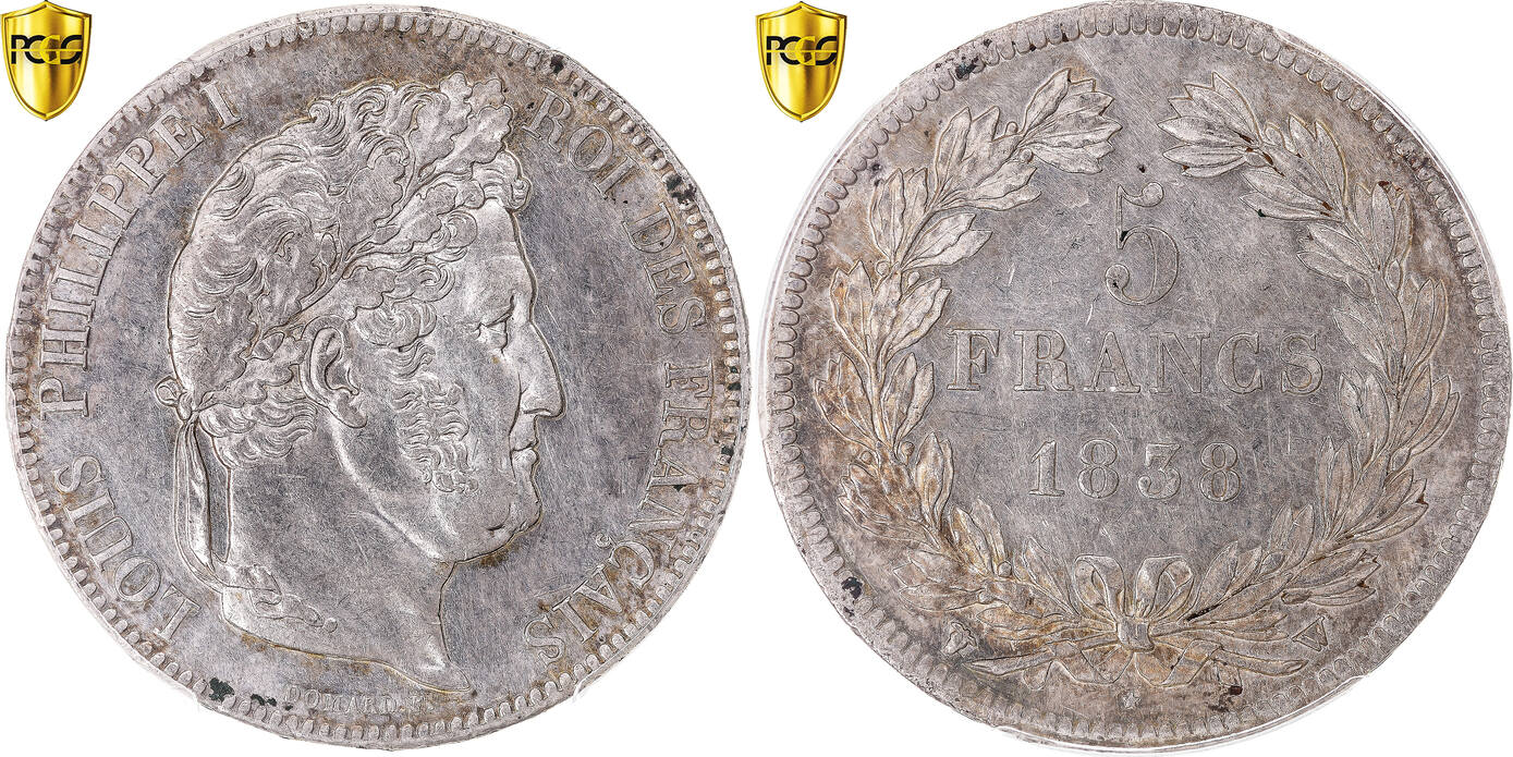 France 5 Francs 1838 W Coin, Louis-Philippe, Lille, PCGS, AU Details AU(55-58) | MA-Shops