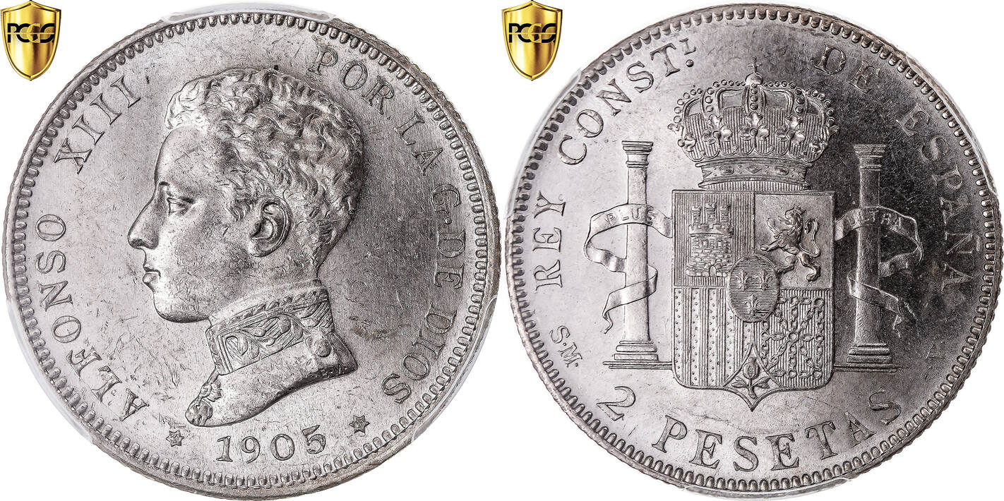 Spain 2 Pesetas 1905 Madrid Coin, Alfonso XIII, Madrid, PCGS, MS63 ...