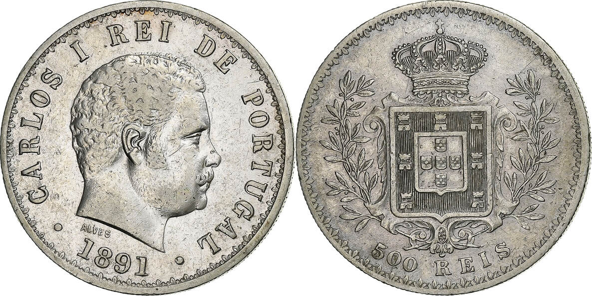 Portugal 500 Reis 1891 Carlos I, Silver, KM:535 EF(40-45) | MA-Shops
