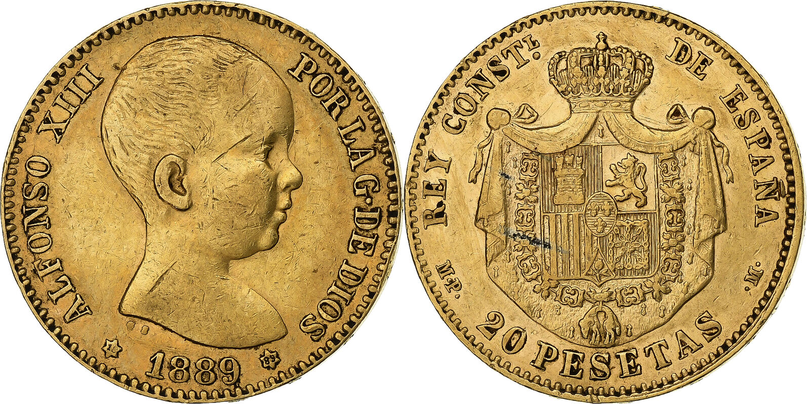 Spain 20 Pesetas 1889 Alfonso XIII, Gold, KM:693 AU(50-53) | MA-Shops