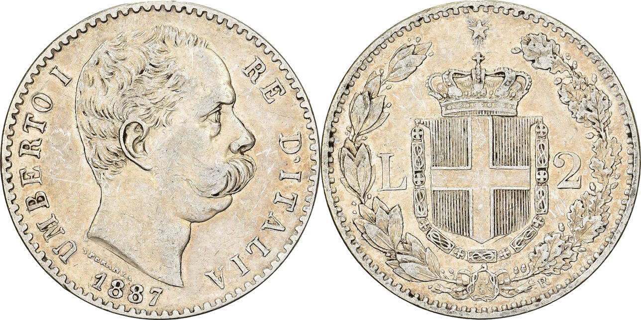 Italy 2 Lire 1887 R Umberto I, Rome, Silver, KM:23 EF(40-45) | MA-Shops