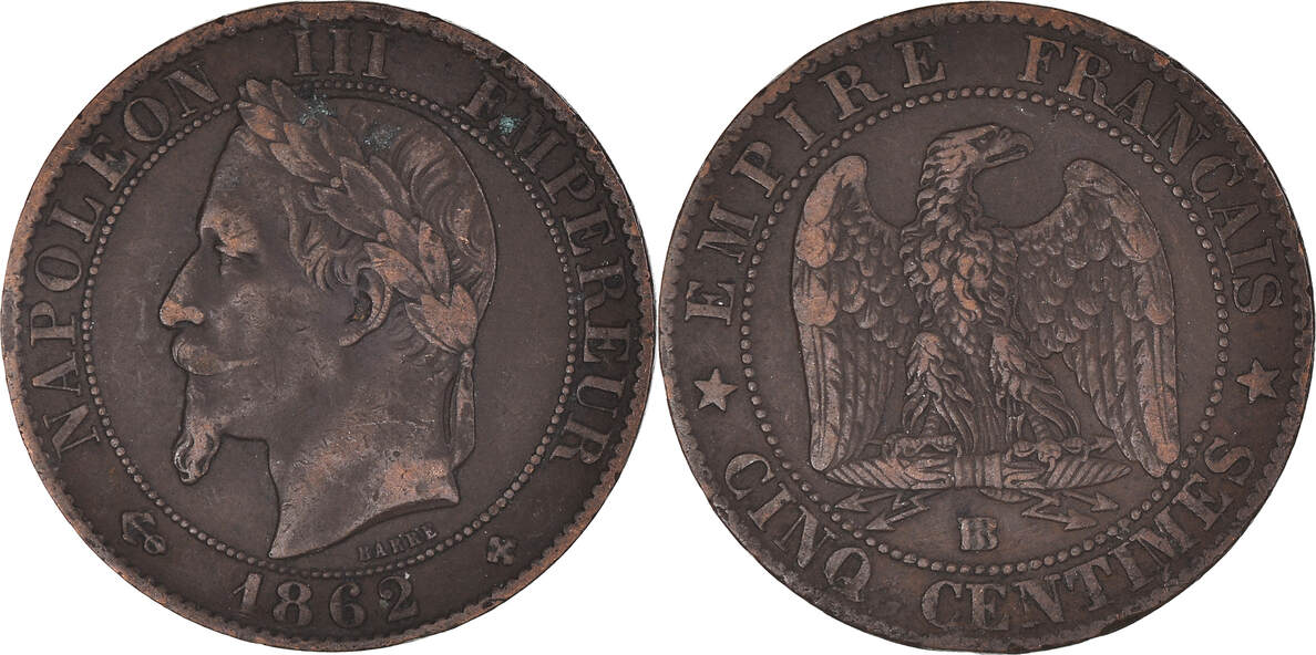 France 5 Centimes 1862 BB Coin, Napoleon III, Napoléon III, Strasbourg ...