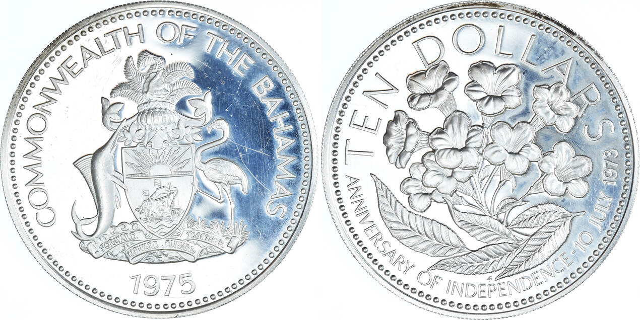 Bahamas 10 Dollars 1975 FM Coin, Elizabeth II, Franklin Mint, U.S.A ...