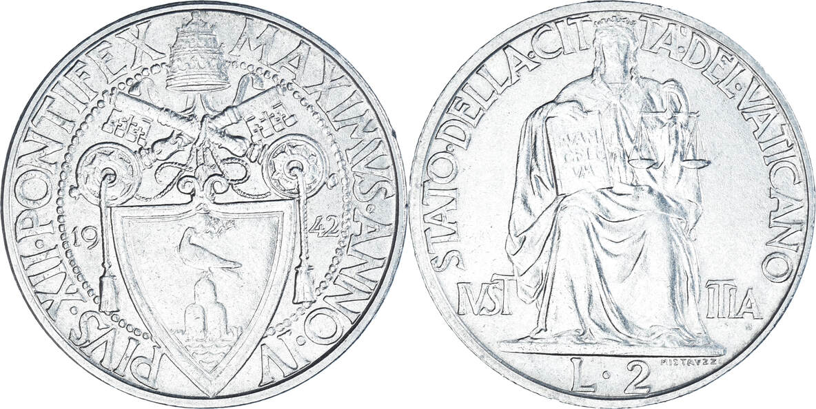 2 Lire 1942 Rome Coin, VATICAN CITY, Pius XII, Roma, Stainless Steel, KM:36 MS(63) | MA-Shops